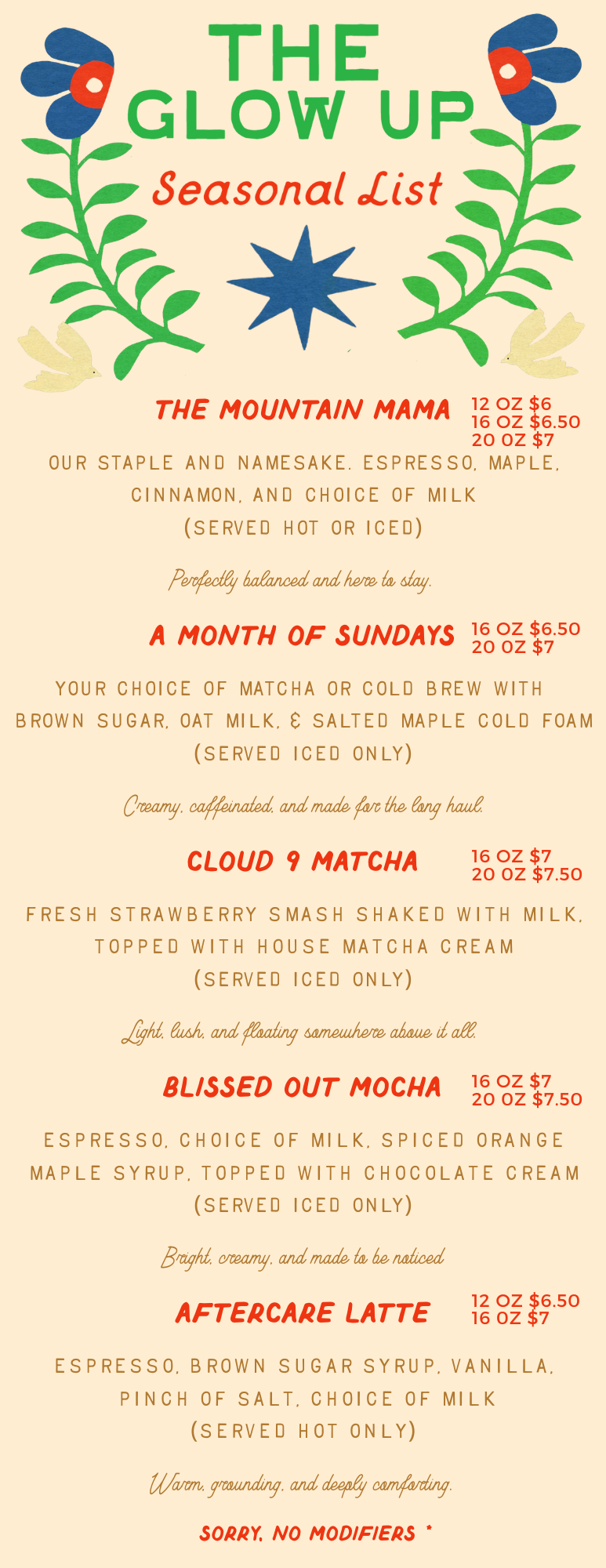 Mountain Mama'S seasonal drink Menu